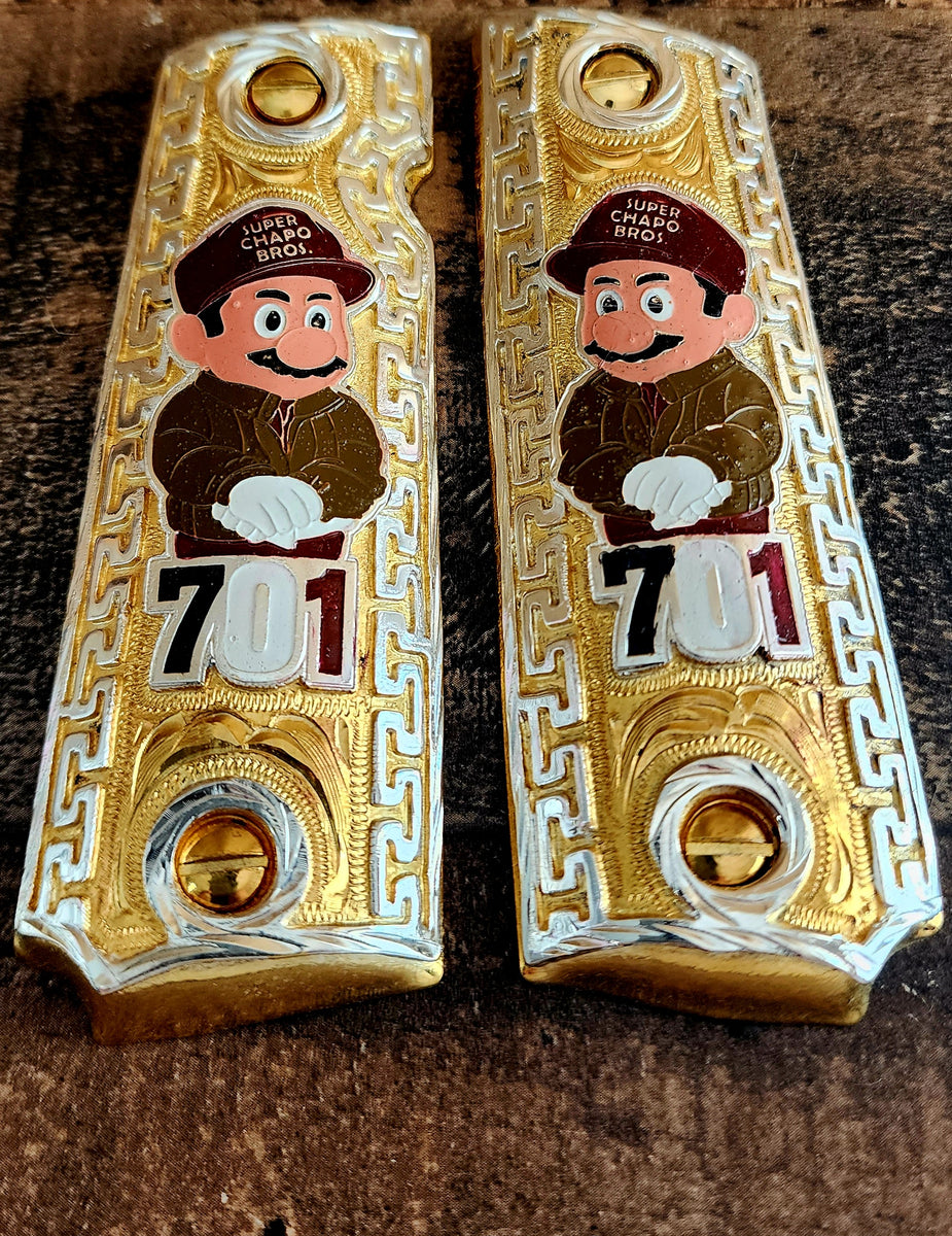 Super chapo bros 1911 full size Custom handmade Grips gold silver plat ...