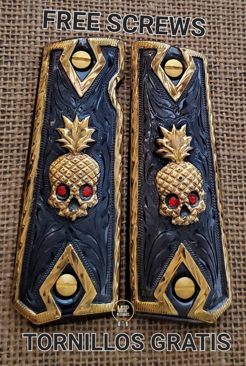 Cachas piña pineapple 24k gold plated narco style gun grips cachas1911 ...